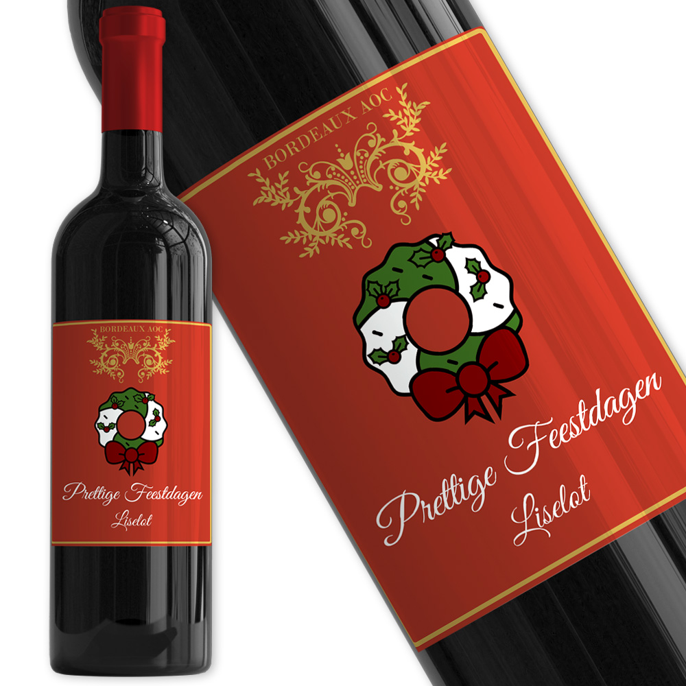 Fles wijn met bedrukt Kerstmis etiket en tekst