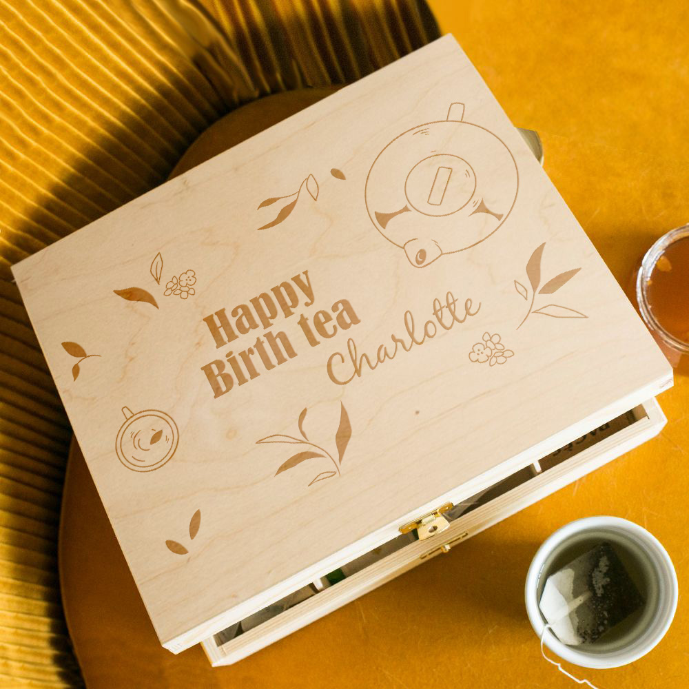 Theedoos 12 vakken graveren met tekst en design